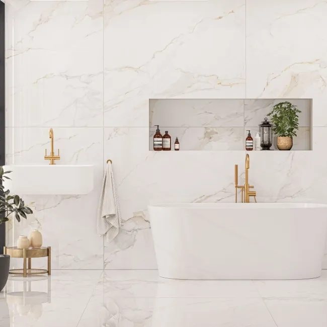 Marshall Gold Vein Polished Marble Effect Tiles 1200x1200| Splendour Tiles